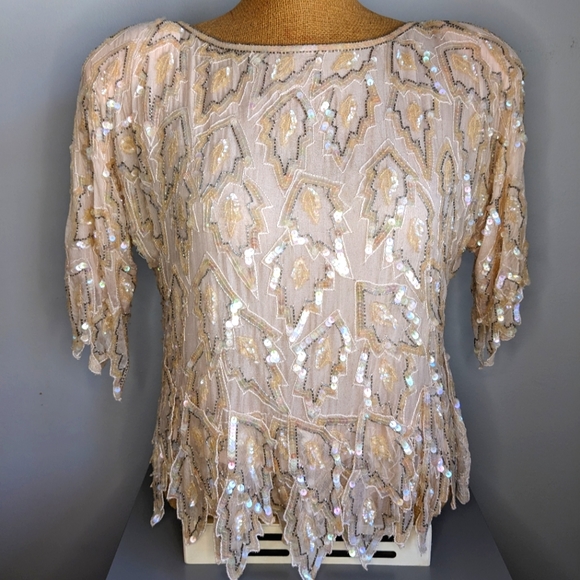 Scala | Tops | Vtg 8s Scala Sequins Beaded Leaf Silk Blouse Top M ...